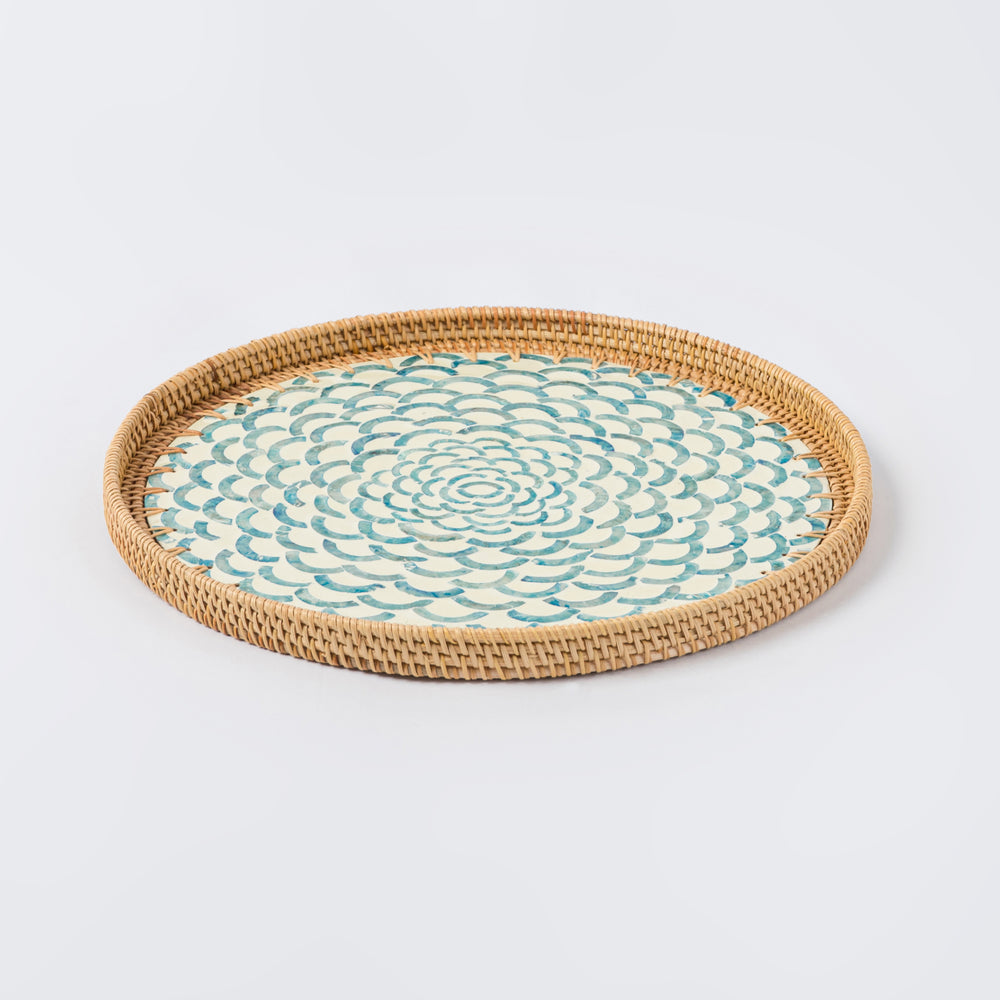 Bloom Round Rattan Tray - Blue Mother of Pearl - Serving Tray - Display ...