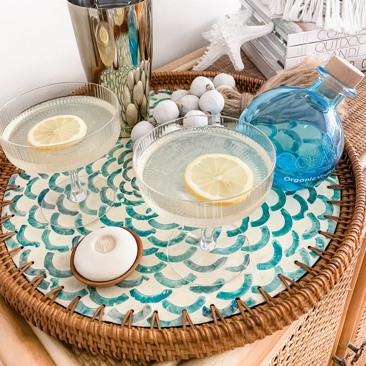 Bloom Round Rattan Tray - Blue Mother of Pearl - Serving Tray - Display ...