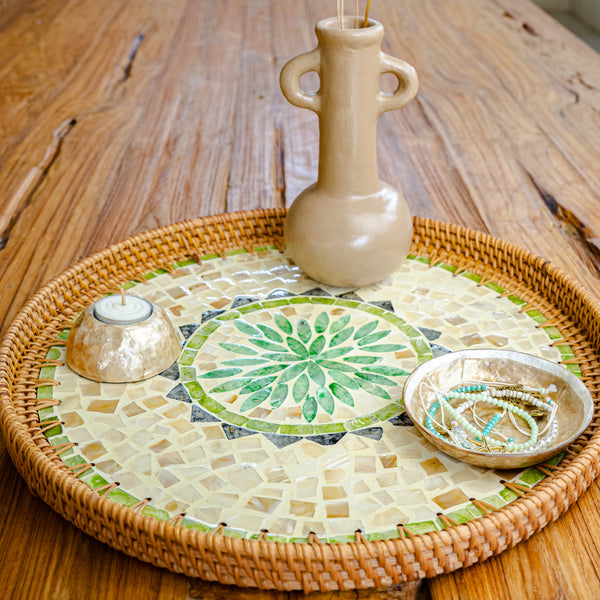 Oasis Round Rattan Tray - Green Mother of Pearl - Serving Tray - Display Tray