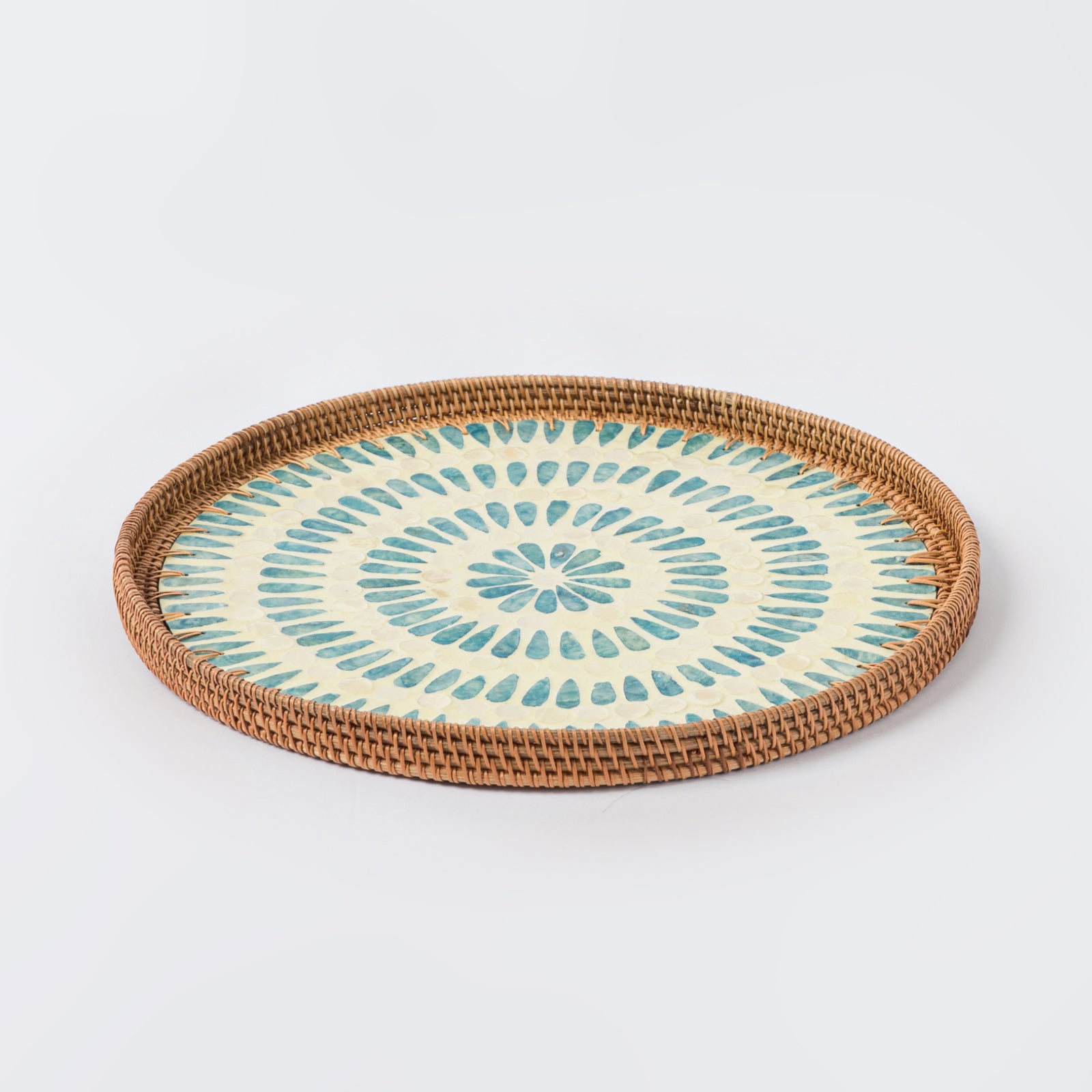 Serene Round Rattan Tray - Turquoise Mother of Pearl - Serving Tray ...