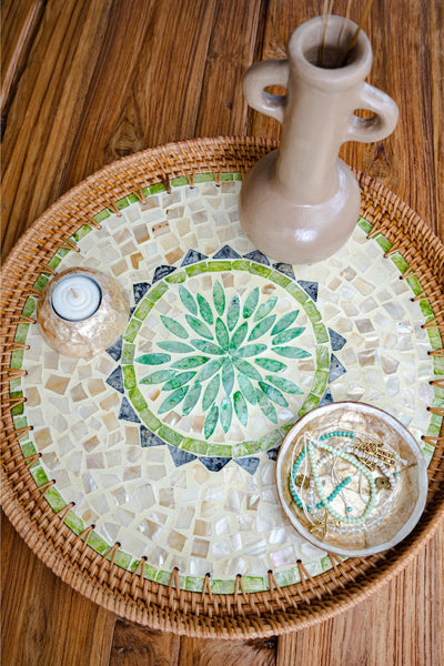 Oasis Round Rattan Tray - Green Mother of Pearl - Serving Tray ...